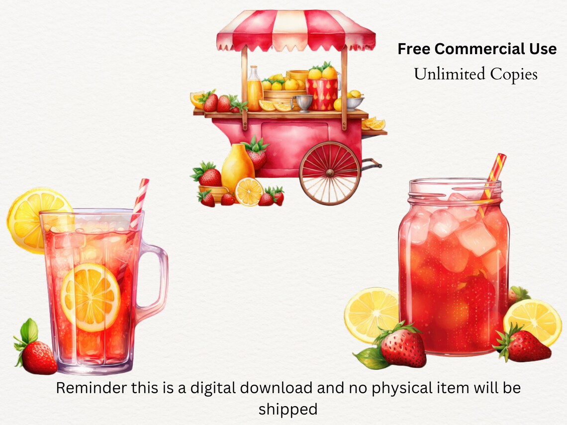 Watercolor Strawberry Lemonade Clipart Bundle, Refreshing Summer Drinks ...