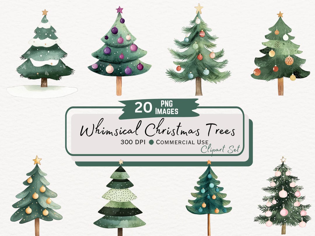 Whimsical Christmas Tree Clipart Bundle, Quirky Retro Xmas Party ...