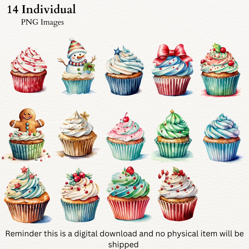 Christmas Cupcake Watercolor Clipart Bundle, Holiday Cupcake ...
