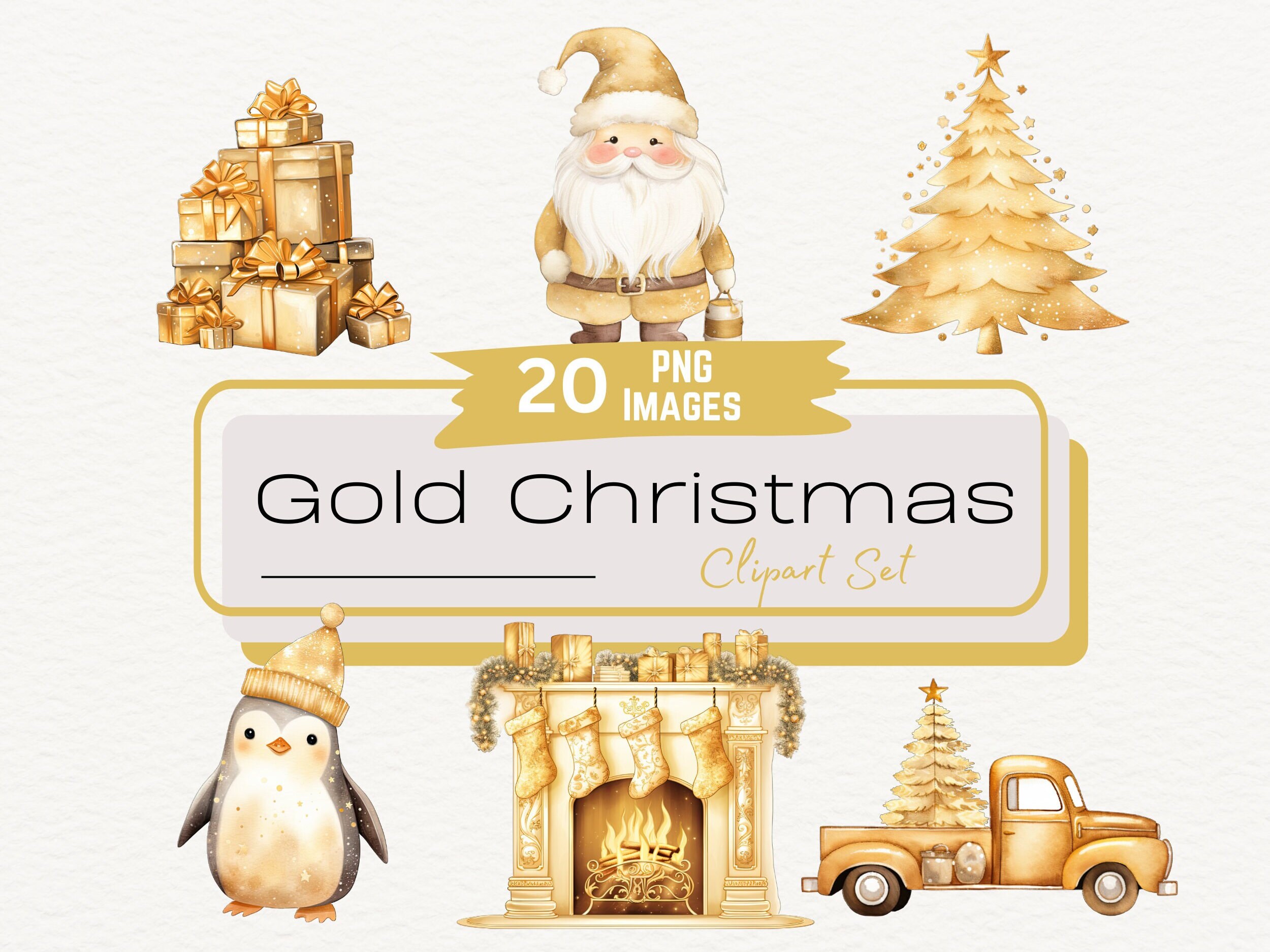 Gold Christmas Watercolor Clipart Set, Gold Santa, Gold Christmas Tree ...