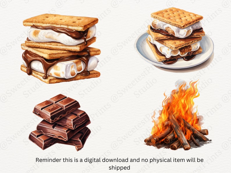 Watercolor S'more Clipart Bundle, Cute Camping Smores Digital Dessert ...