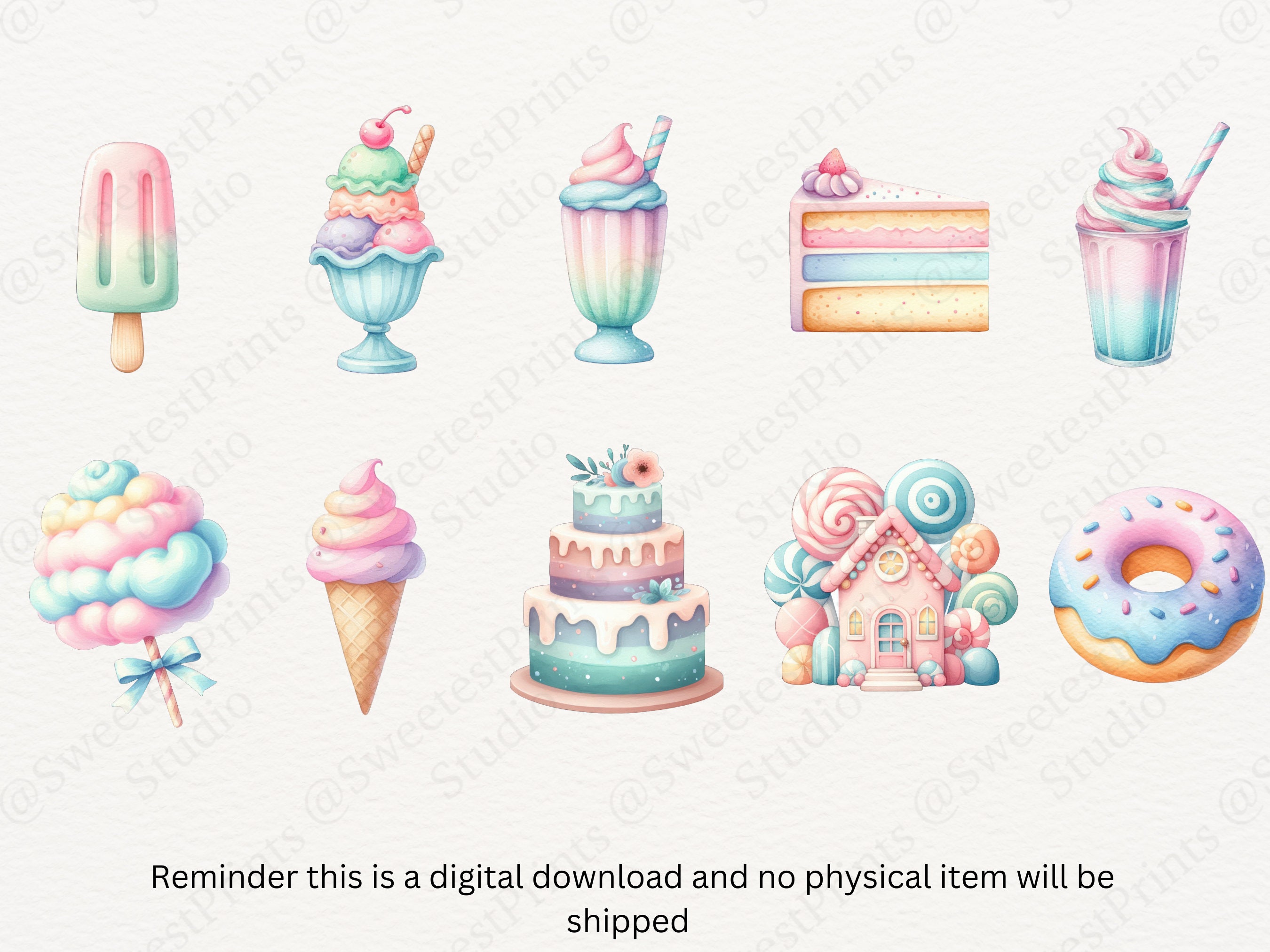 Watercolor Cute Pastel Dessert Clipart Bundle, Colorful Candy Pastry ...