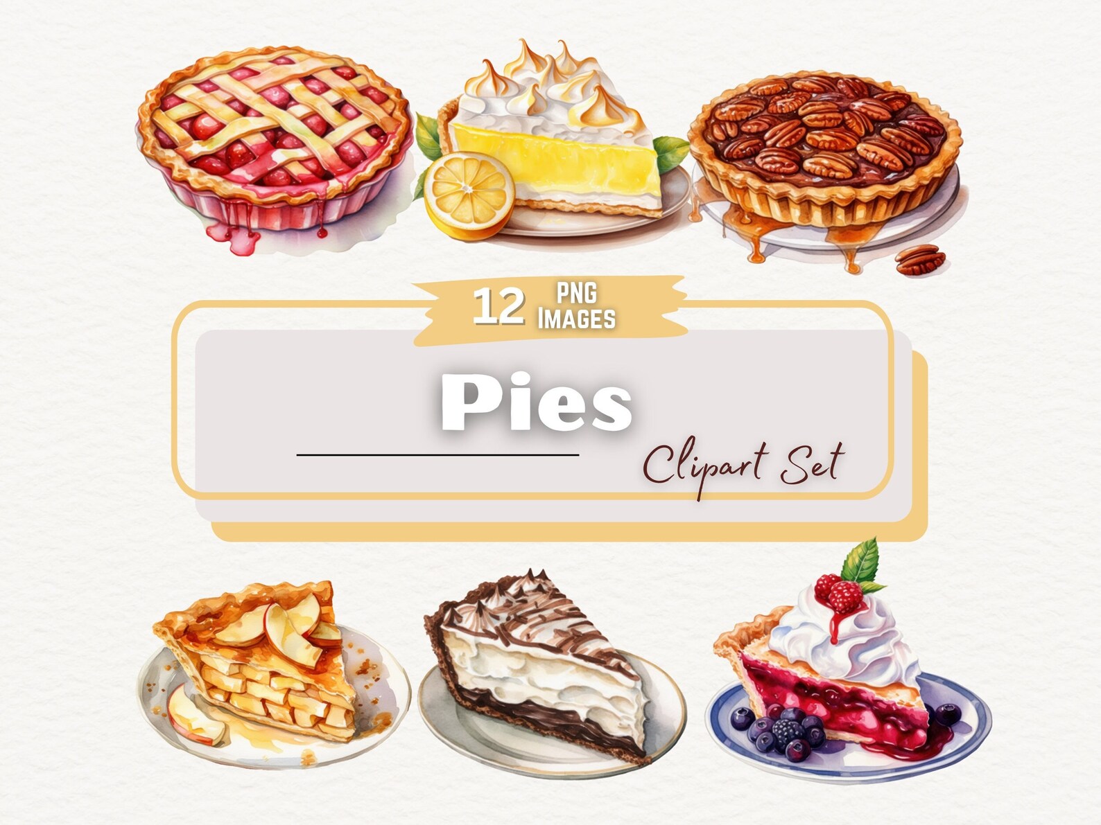 Dessert Pie Watercolor Clipart PNG Bundle, Food Clipart Bundle, Baking ...