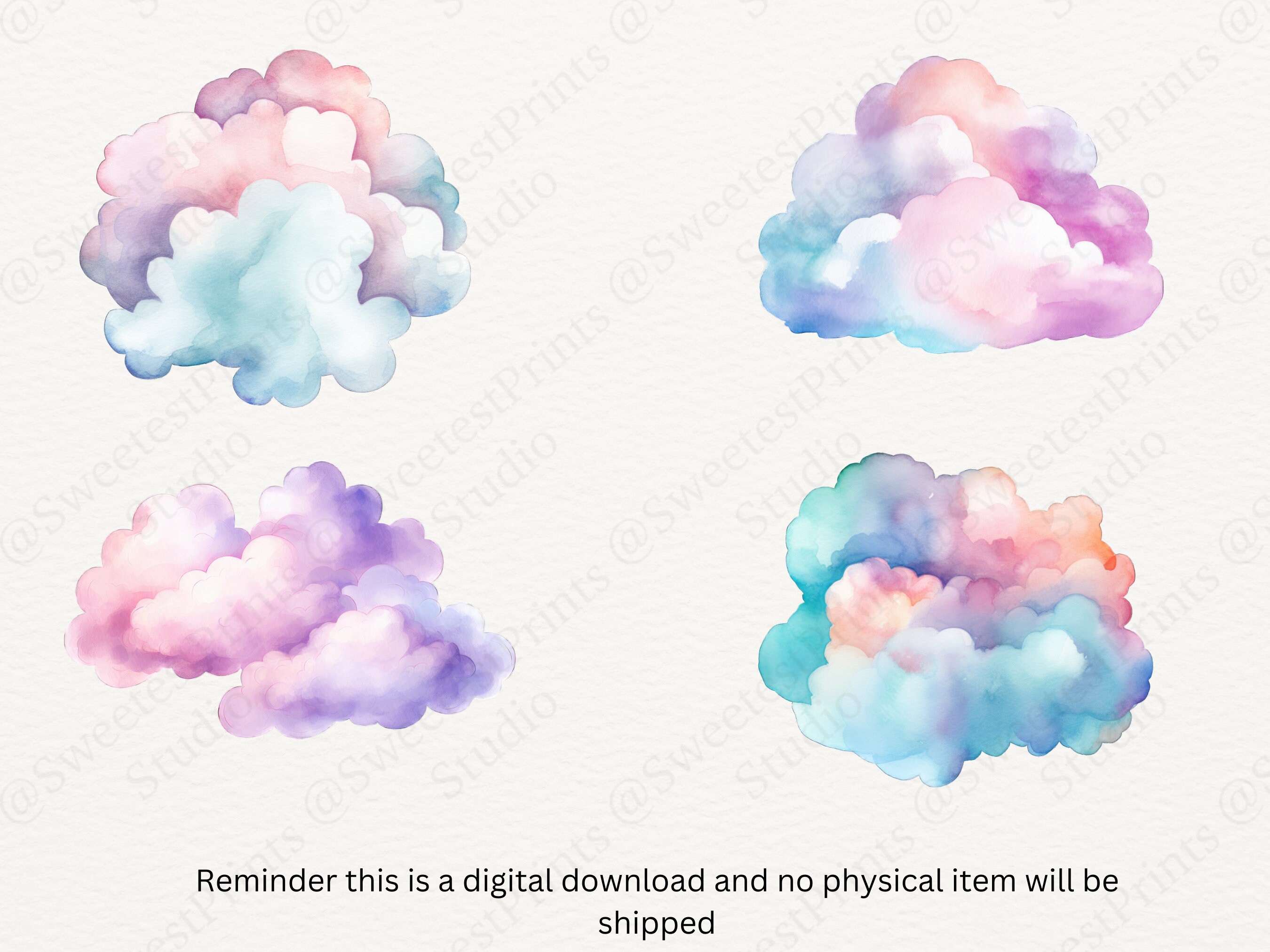 Watercolor Pastel Clouds Clipart Bundle, Cute Nursery Rainbow Digital ...