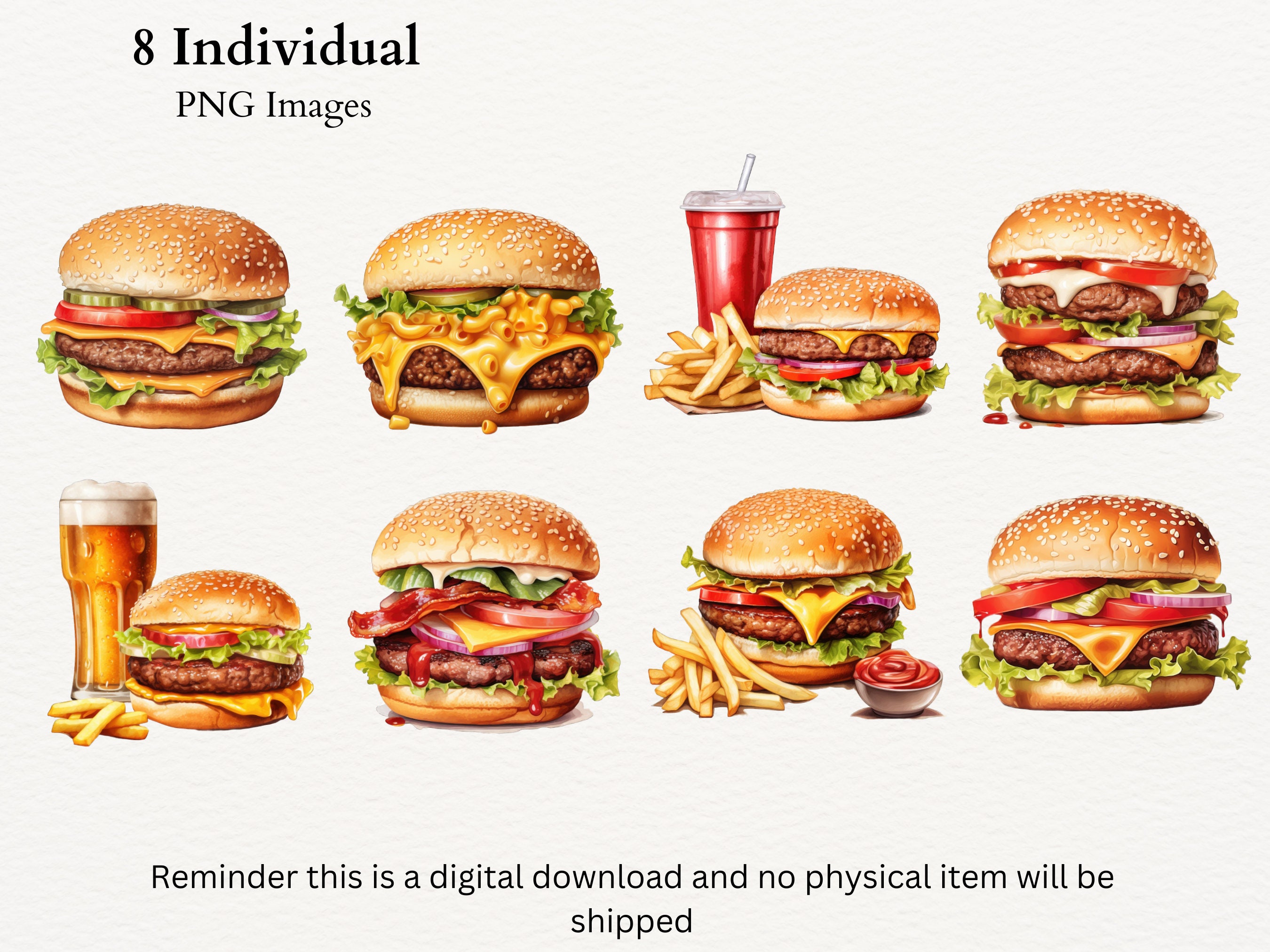 Watercolor Hamburger Clipart, Digital Food Art Illustration, Fast Food ...
