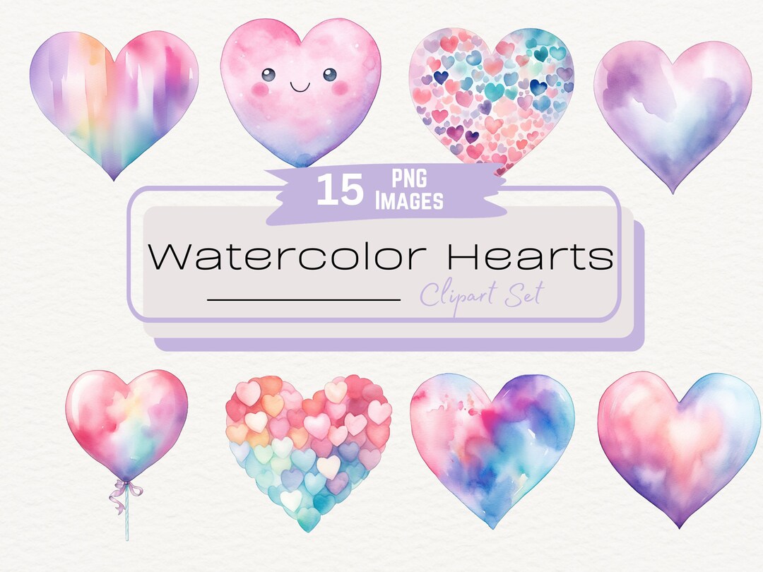 Watercolor Heart Clipart Bundle, Cute Valentines Day, Digital Love ...