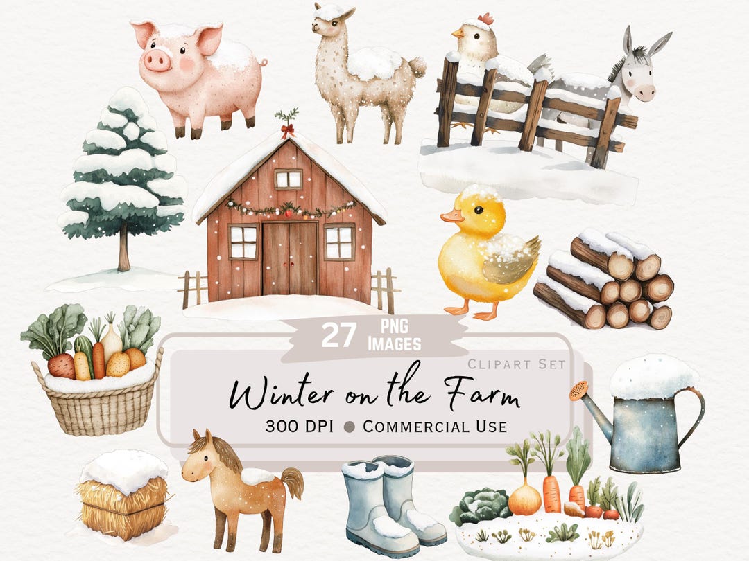 Cute Watercolor Winter on the Farm Clipart Bundle, Snow Topped Barn ...