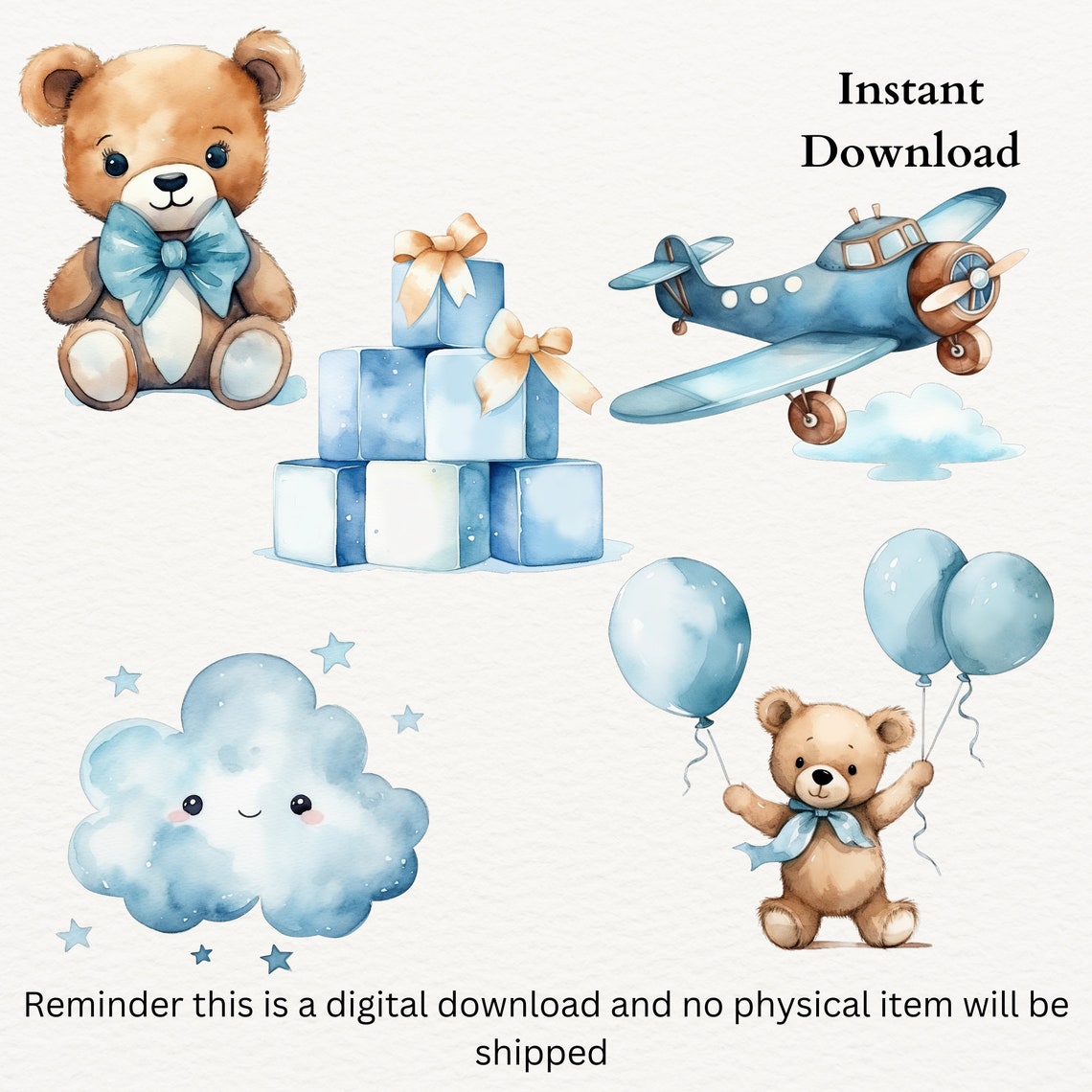 Watercolor Baby Blue Teddy Bear Clipart, Baby Shower Balloons ...