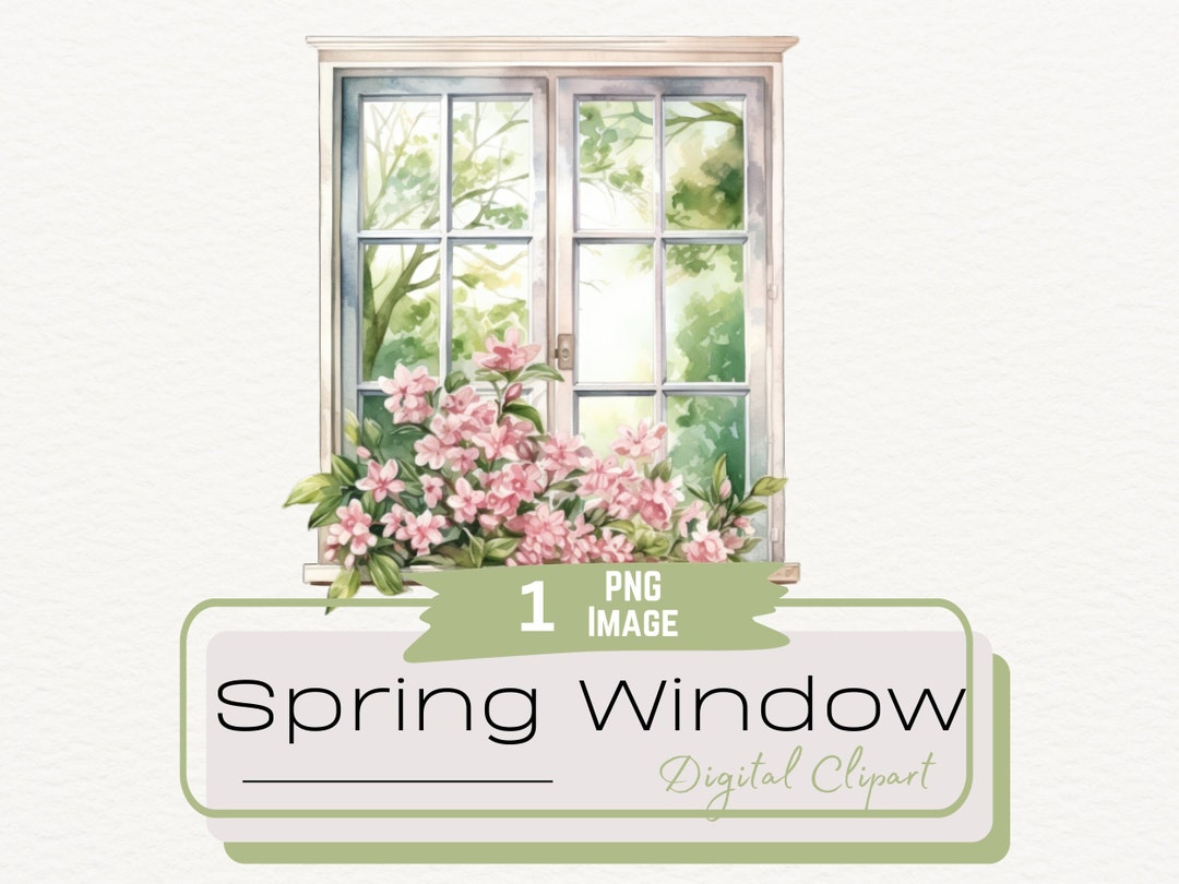 Watercolor Single Spring Summer Window Clipart, Flower Decorated Open ...