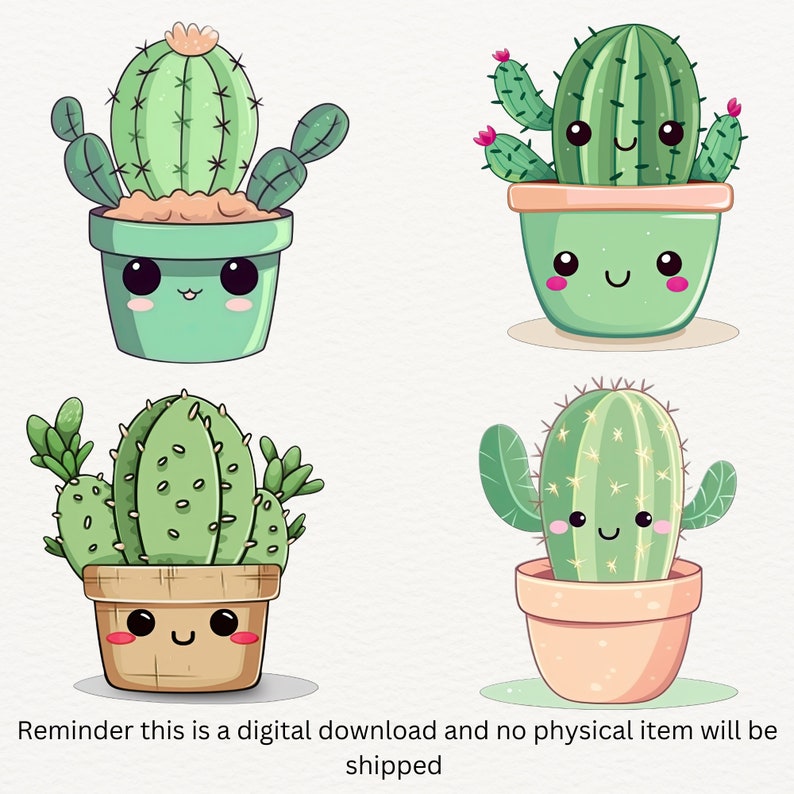 Cute Kawaii Cactus Clipart, Cacti Succulents PNG Bundle, Adorable ...