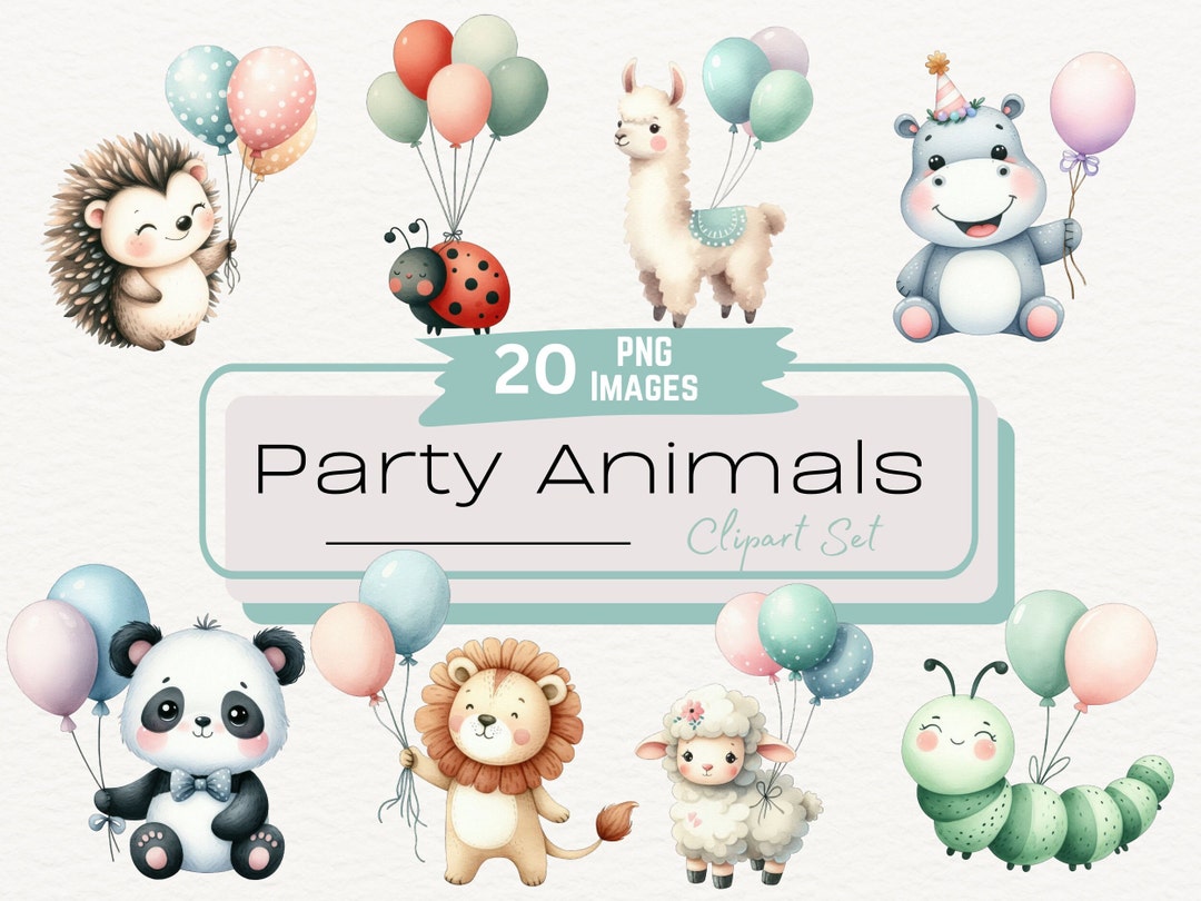 Watercolor Cute Party Animals With Balloons Clipart Bundle, Woodland ...