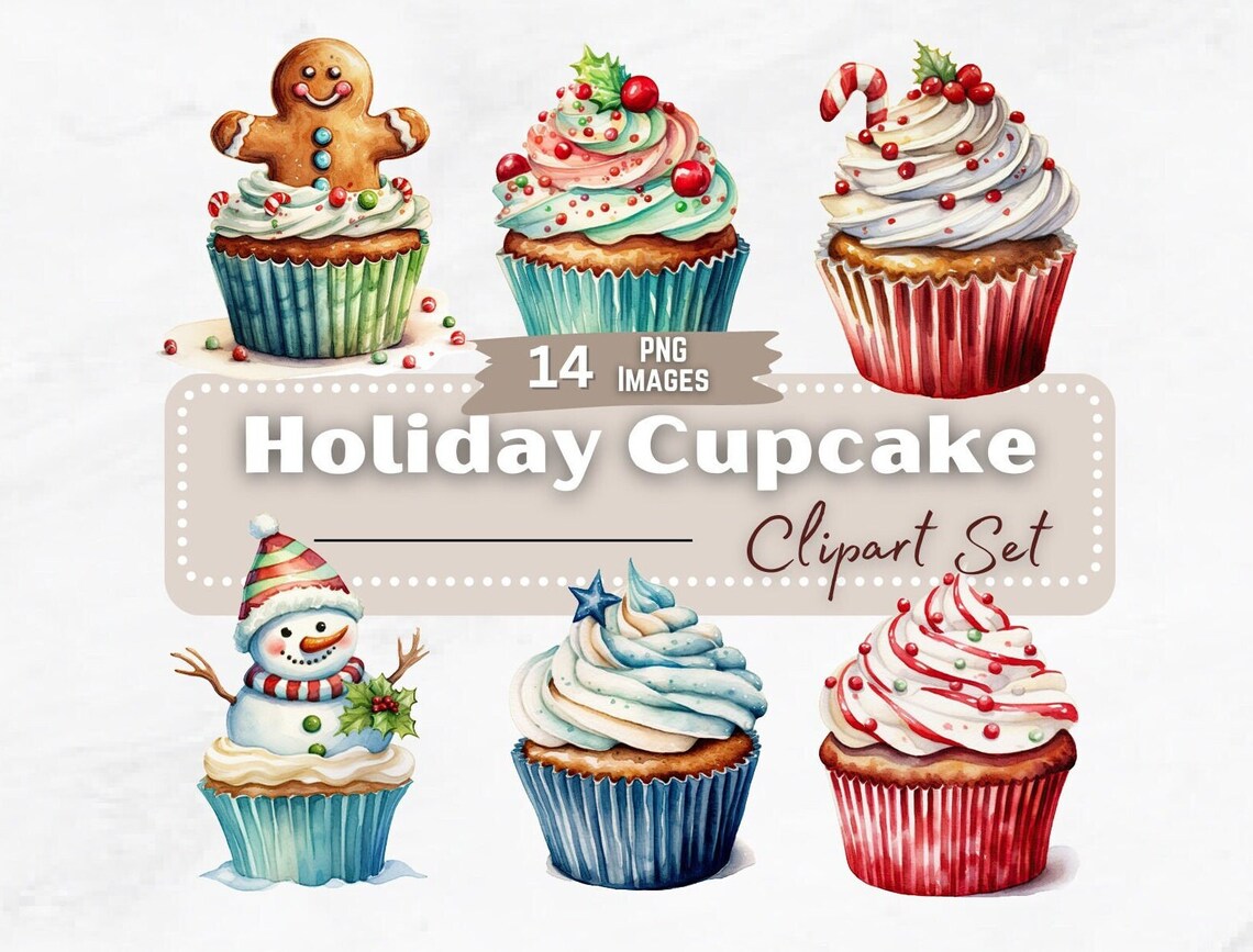 Christmas Cupcake Watercolor Clipart Bundle Holiday Cupcake - Etsy