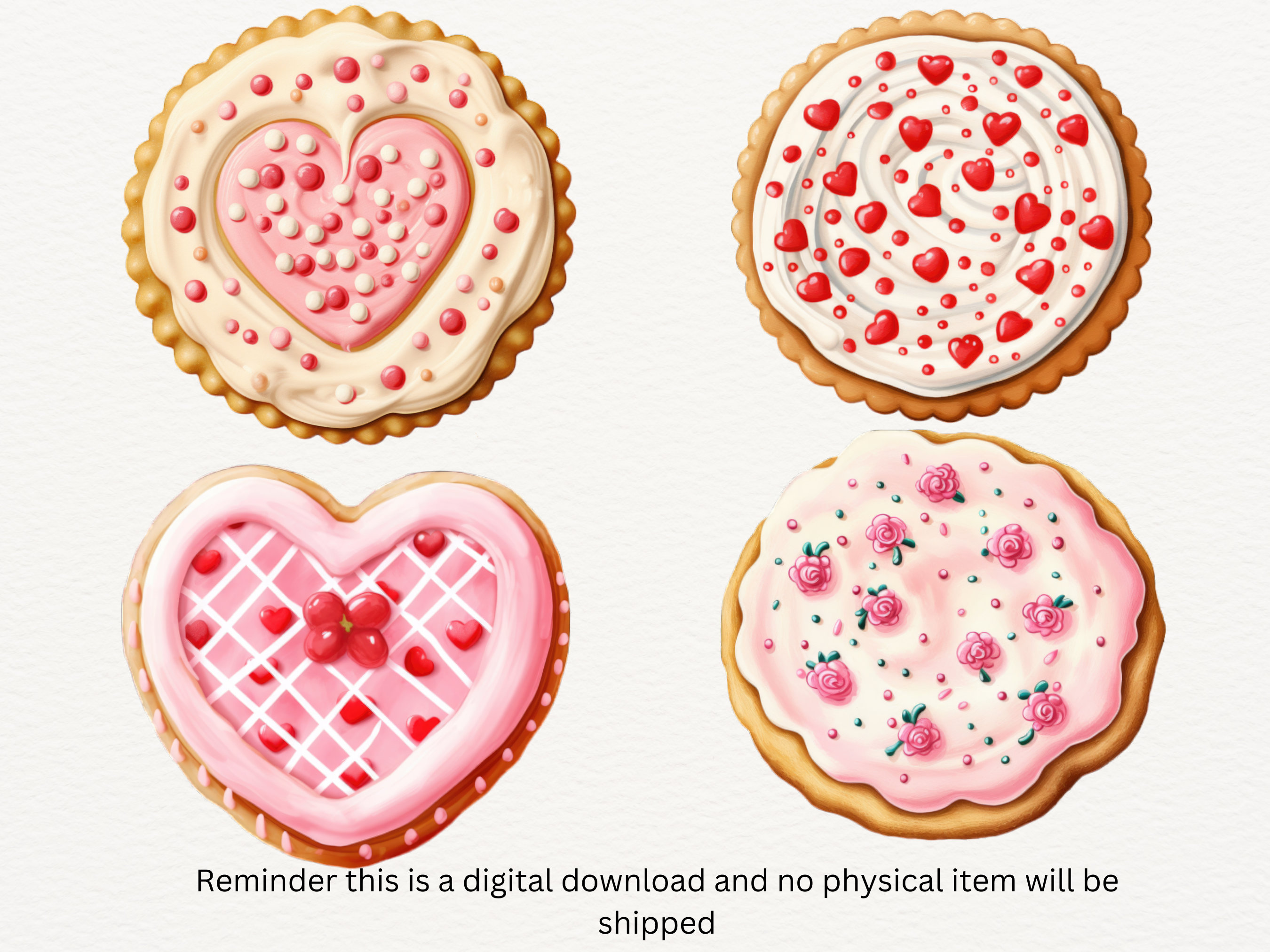 Cute Watercolor Valentine's Day Heart Cookie Clipart Bundle, Pink Red ...