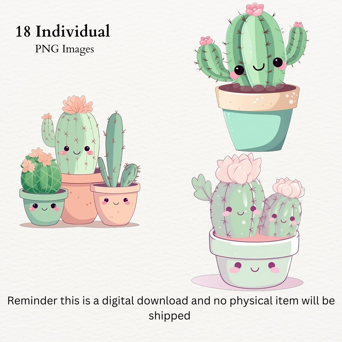 Cute Kawaii Cactus Clipart, Cacti Succulents PNG Bundle, Adorable ...