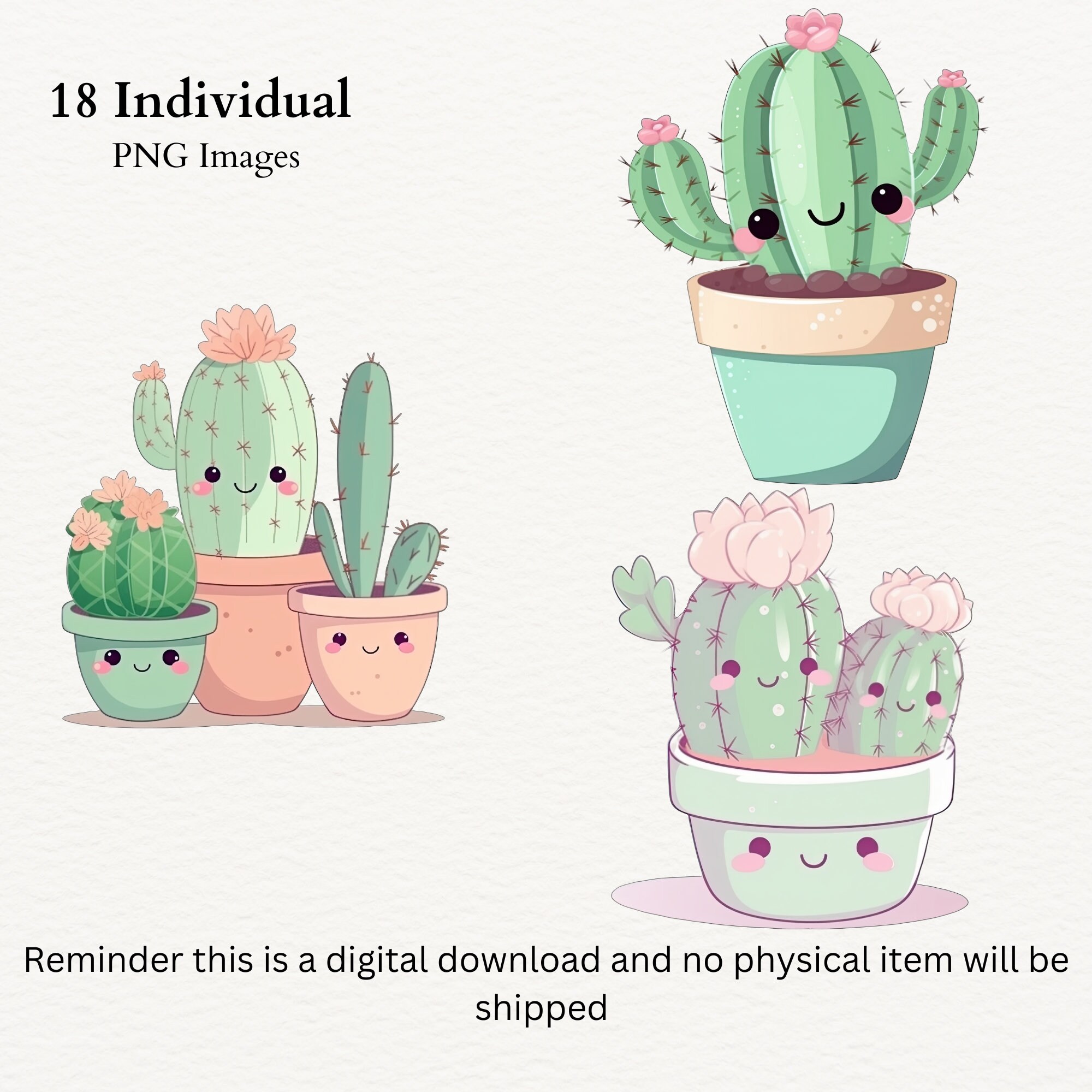 Cute Kawaii Cactus Clipart, Cacti Succulents PNG Bundle, Adorable ...
