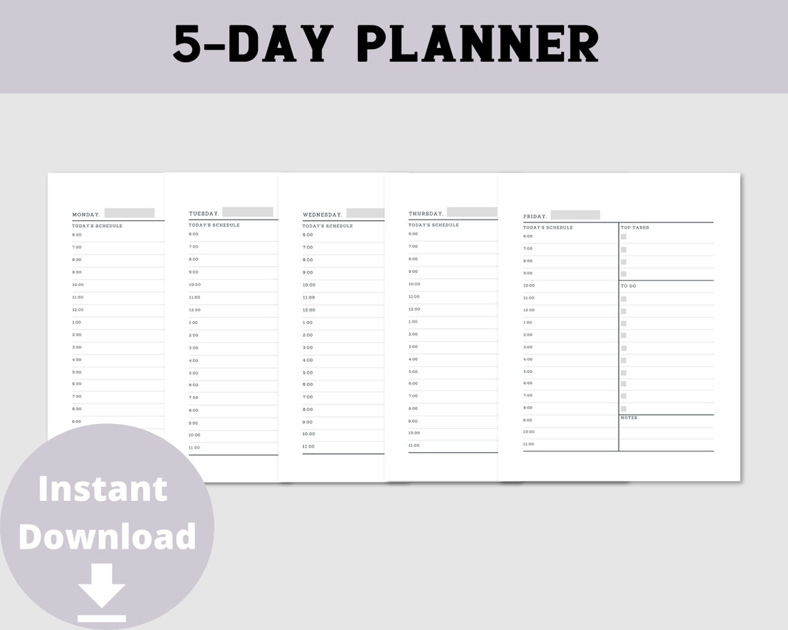 Daily Planner Printable Bundle 5 Day Hourly Planner Monday - Etsy
