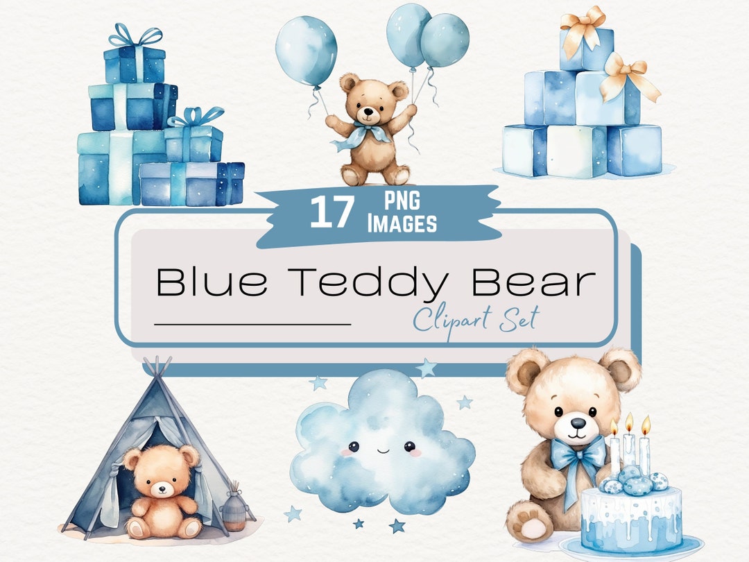 Watercolor Baby Blue Teddy Bear Clipart, Baby Shower Balloons ...