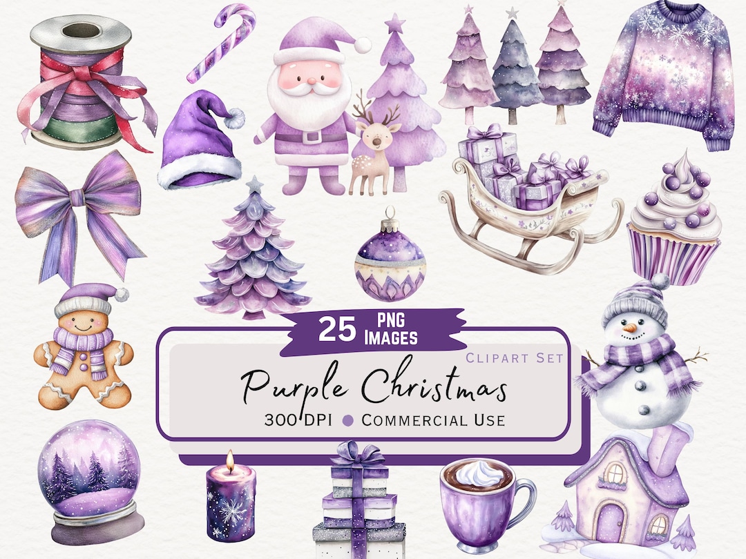 Adorable Purple Christmas Clipart Bundle, Winter Holiday Village ...