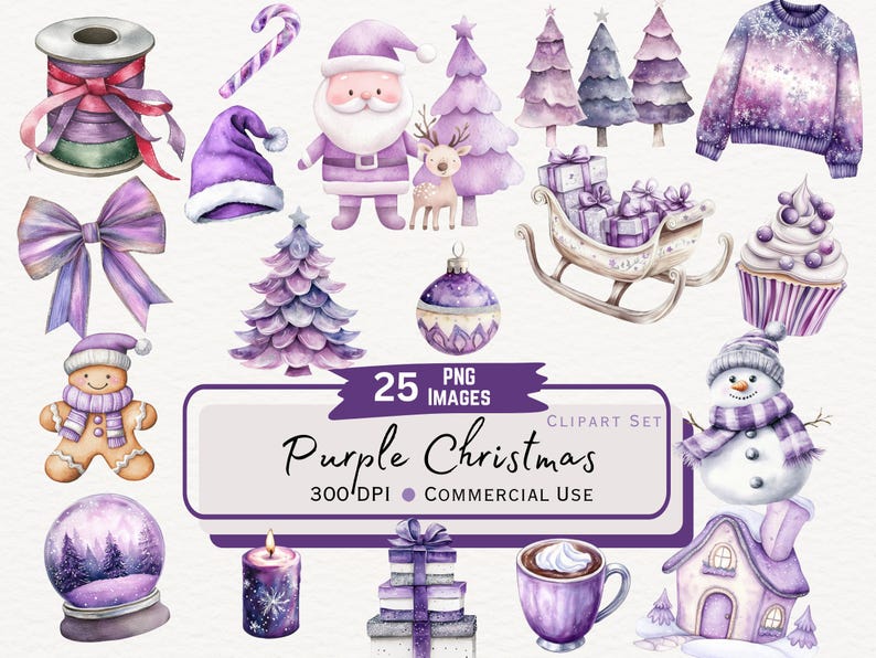 Adorable Purple Christmas Clipart Bundle, Winter Holiday Village ...