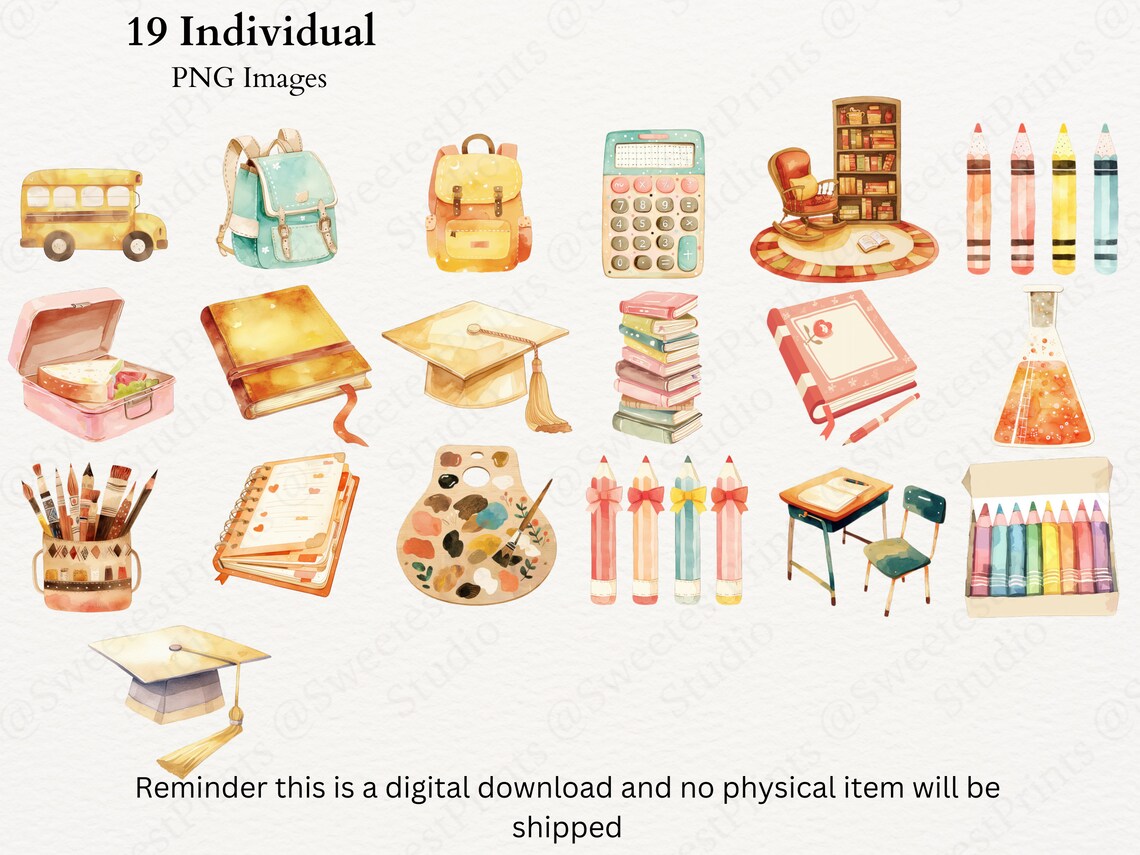 Cute Classroom Watercolor Clipart Bundle, Back to School Digital ...