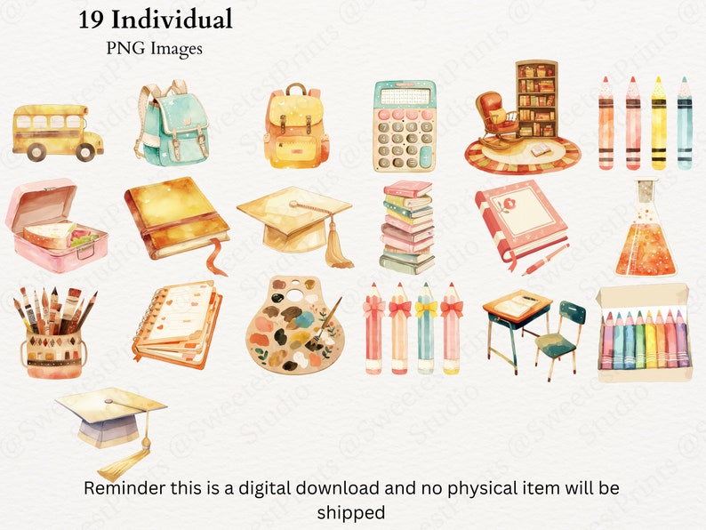 Cute Classroom Watercolor Clipart Bundle, Back to School Digital ...
