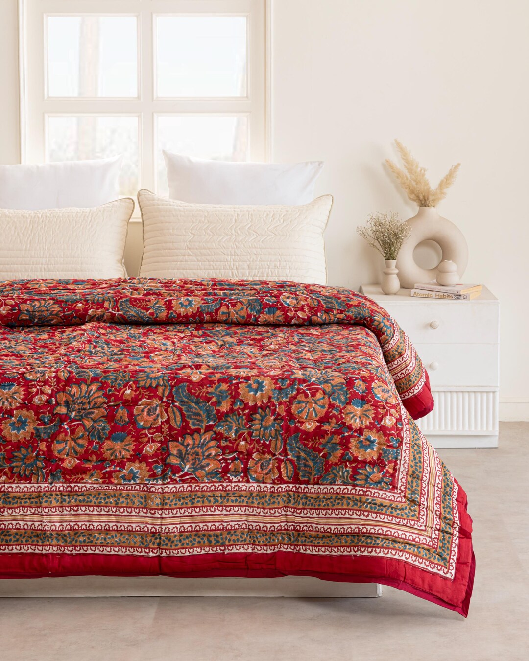 Berry Red Reversible Cotton Quilt, Handmade Quilted Bedspread, Jaipuri ...