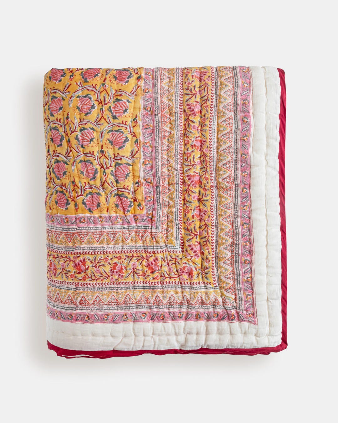 Amber Yellow Cotton Quilt, Indian Hand Block Printed Quilt Bedspread ...