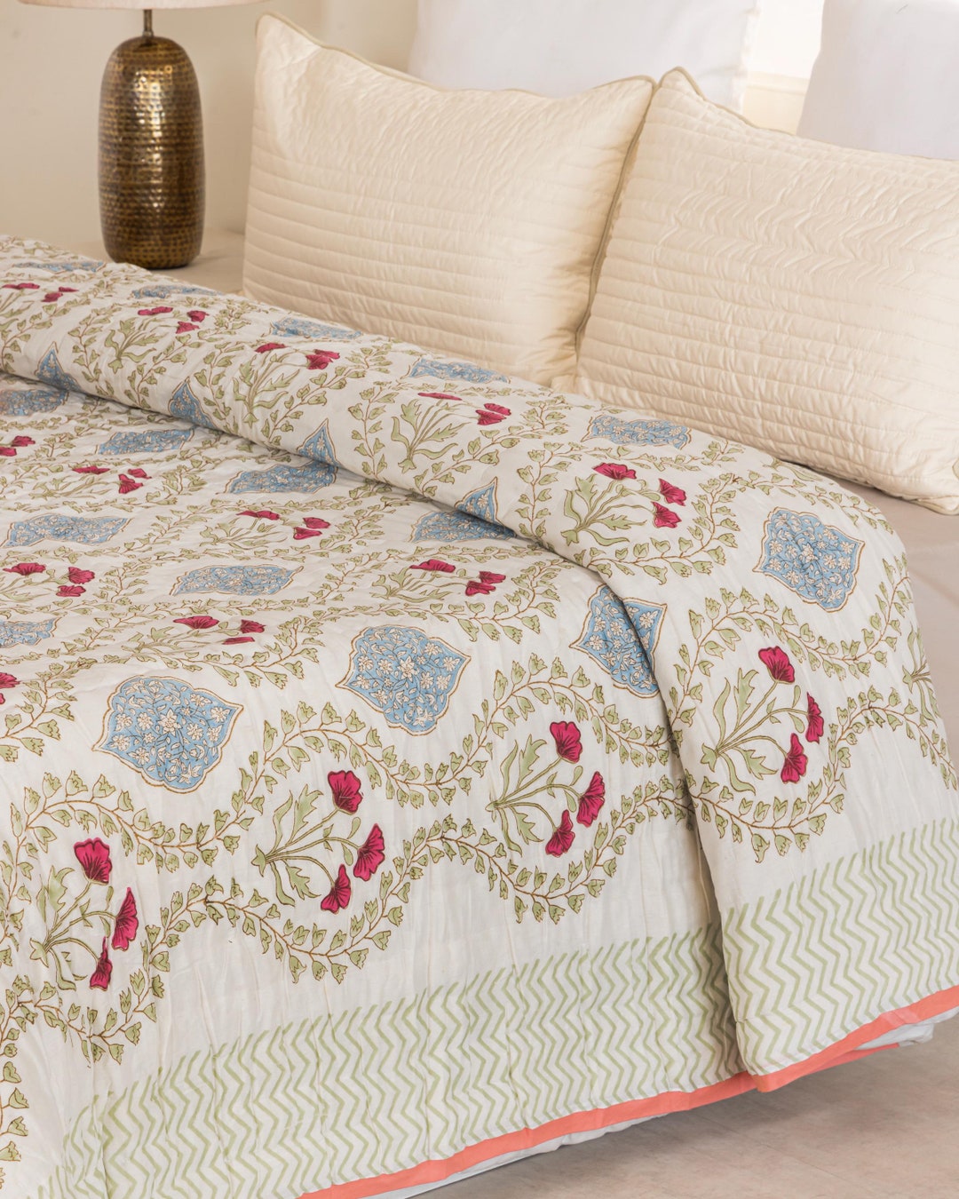 Ivory Handmade Indian Cotton Quilt, Block Printed All Season Soft Quilt ...