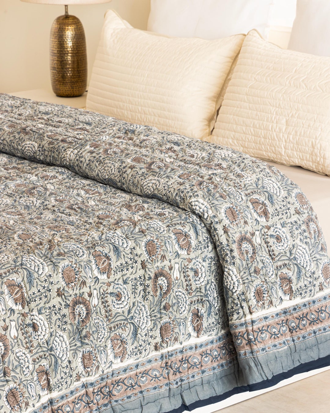 Grey Reversible Hand Block Printed Cotton Quilt, Indian Handmade ...