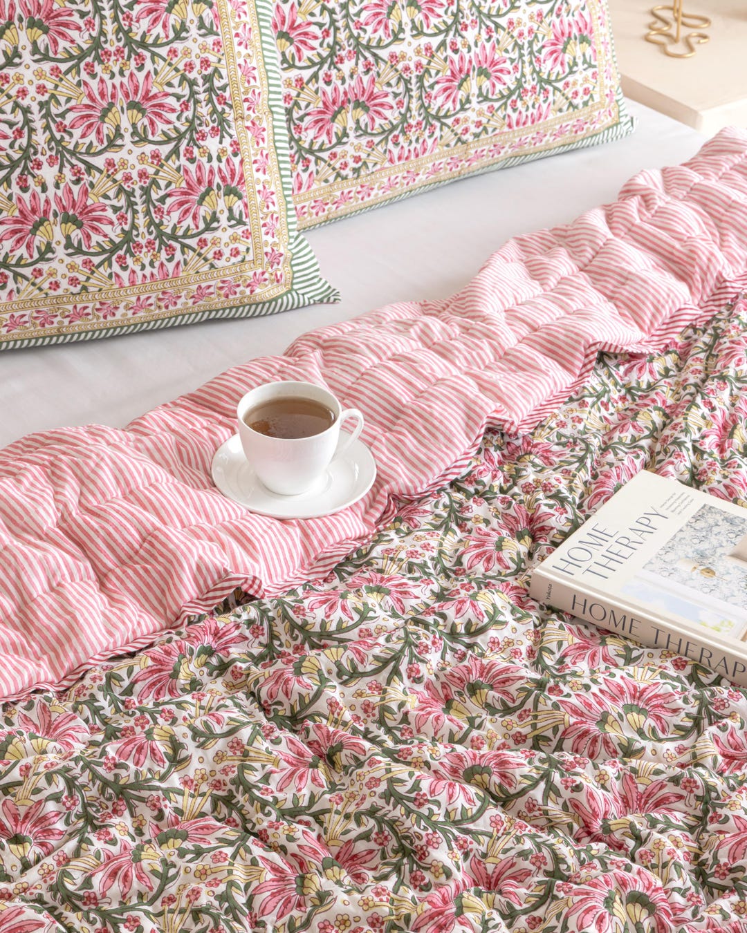 Pink & Green Lotus Design Cotton Bedspread Pillow Covers, Hand Block ...