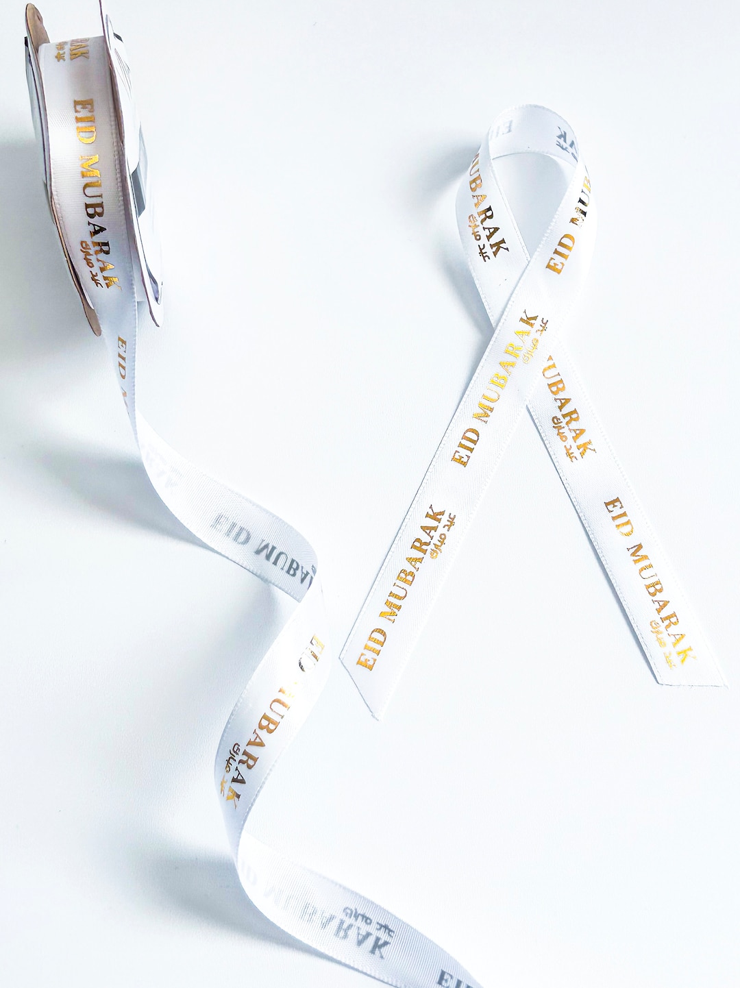 Eid Mubarak White Satin Eid Ribbon/golden Text Islamic Ribbon Muslim ...