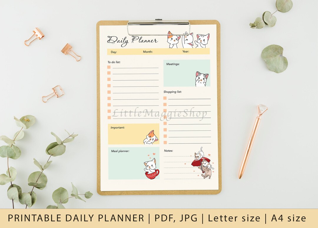 Printable Daily Planner - Kittens - Kawaii - Cats - Daily Planner