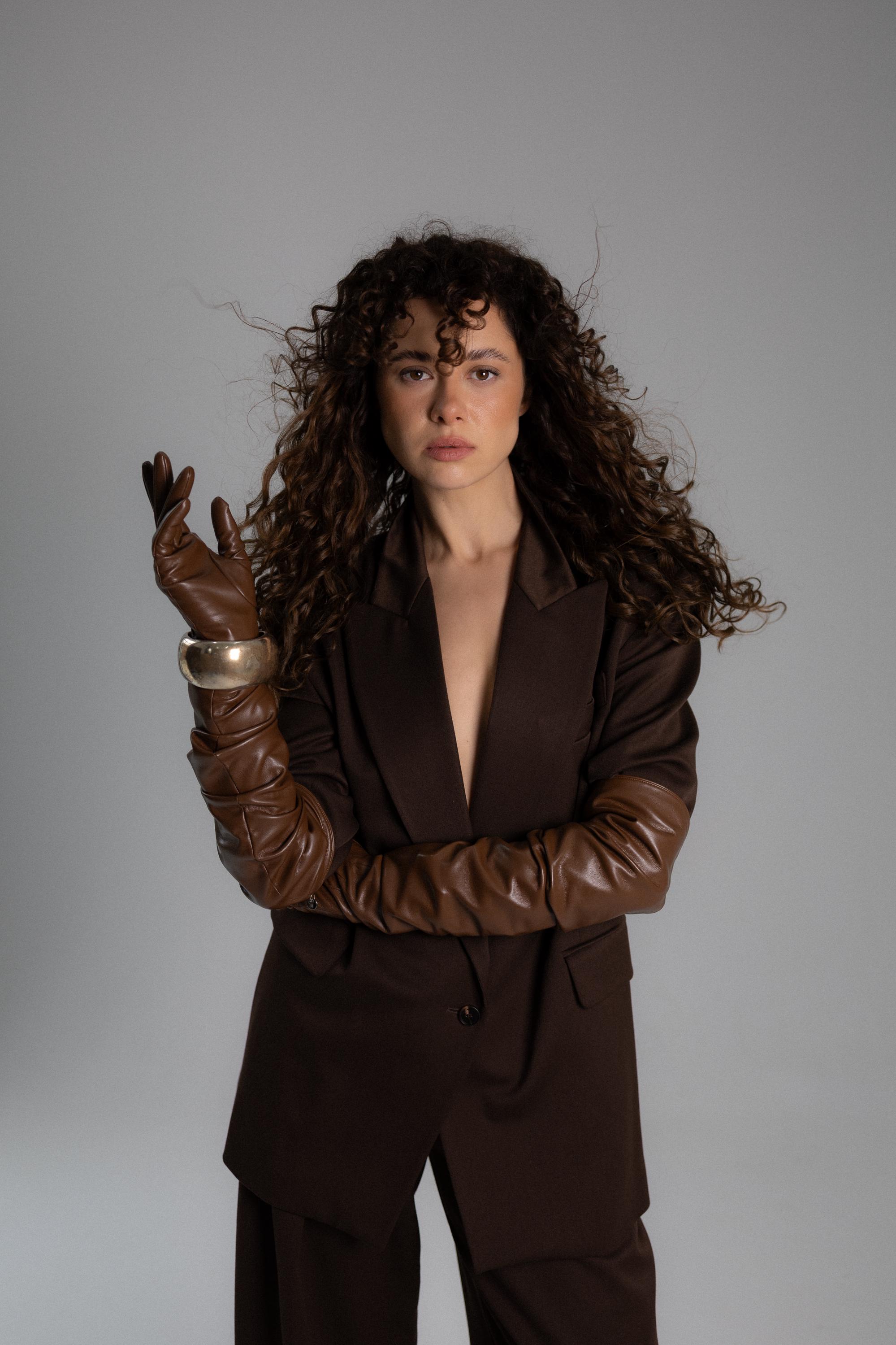 Extra Long Walnut Faux Leather Gloves Gathered to Elbow Featuring Three ...