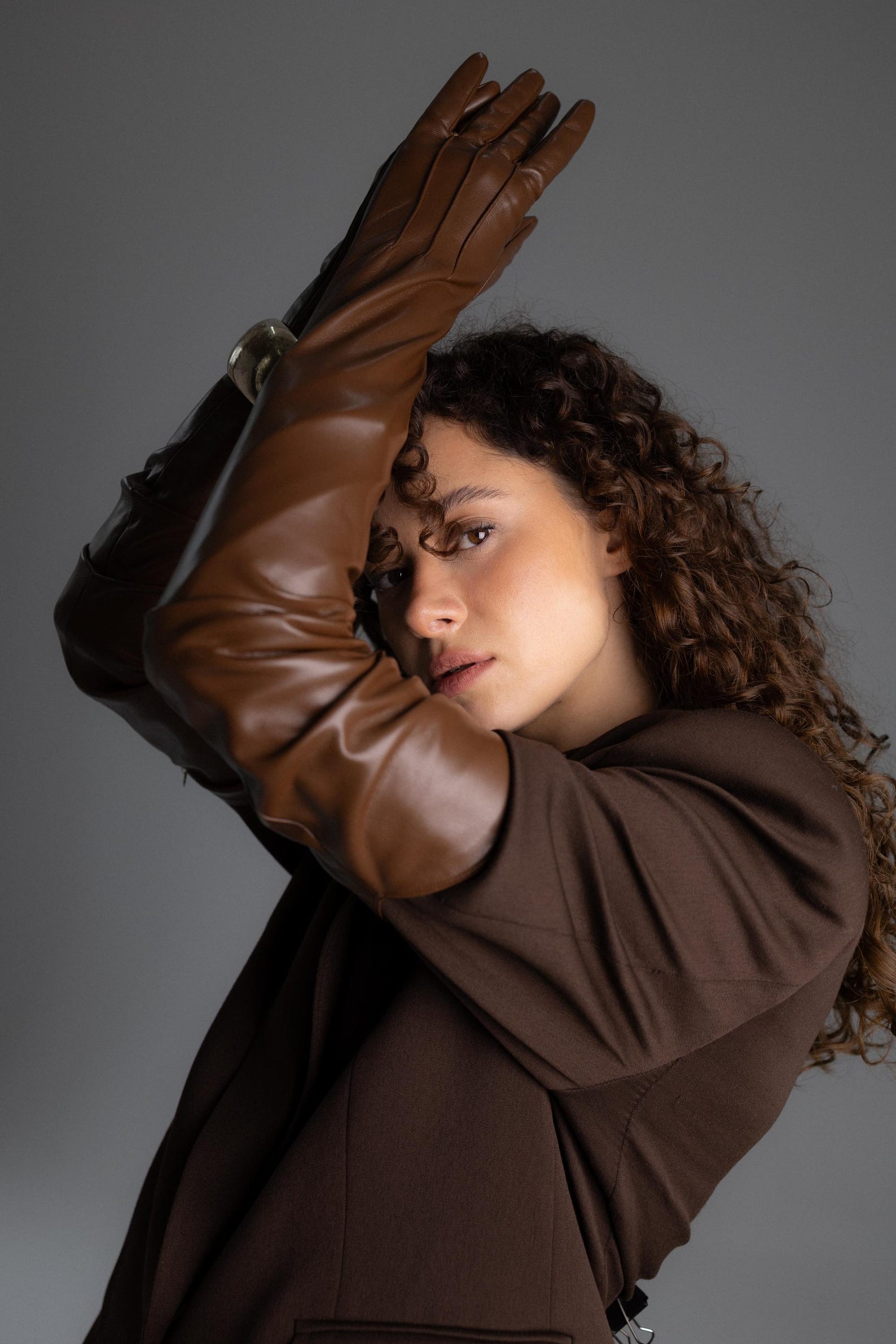 Extra Long Walnut Faux Leather Gloves Gathered to Elbow Featuring Three ...