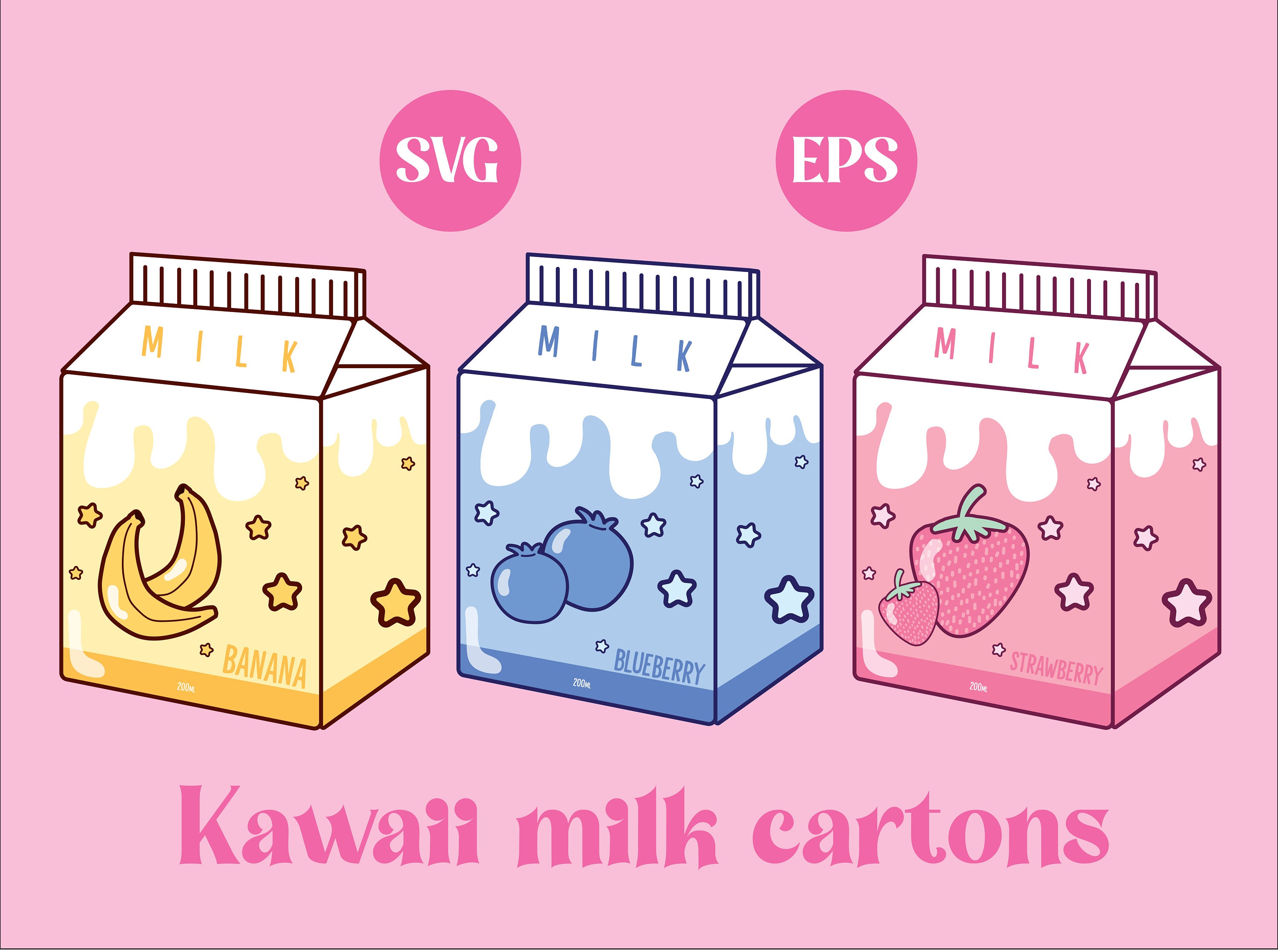 Vector Of Kawaii Milk Strawberry Milk Banana Milk Clip Art Etsy Uk