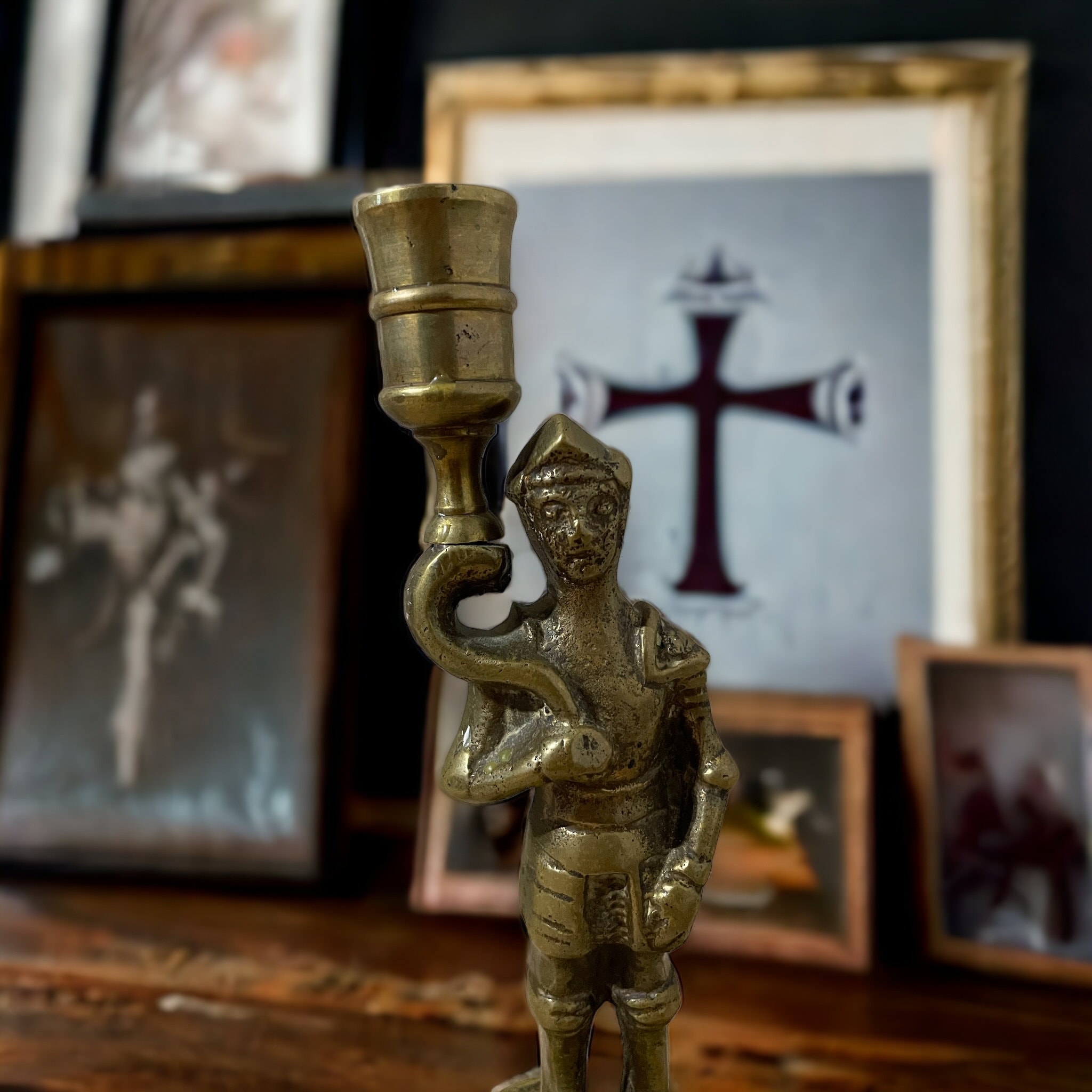 Antique French Brass Knight Medieval Candlestick Holder, Knight Templar ...