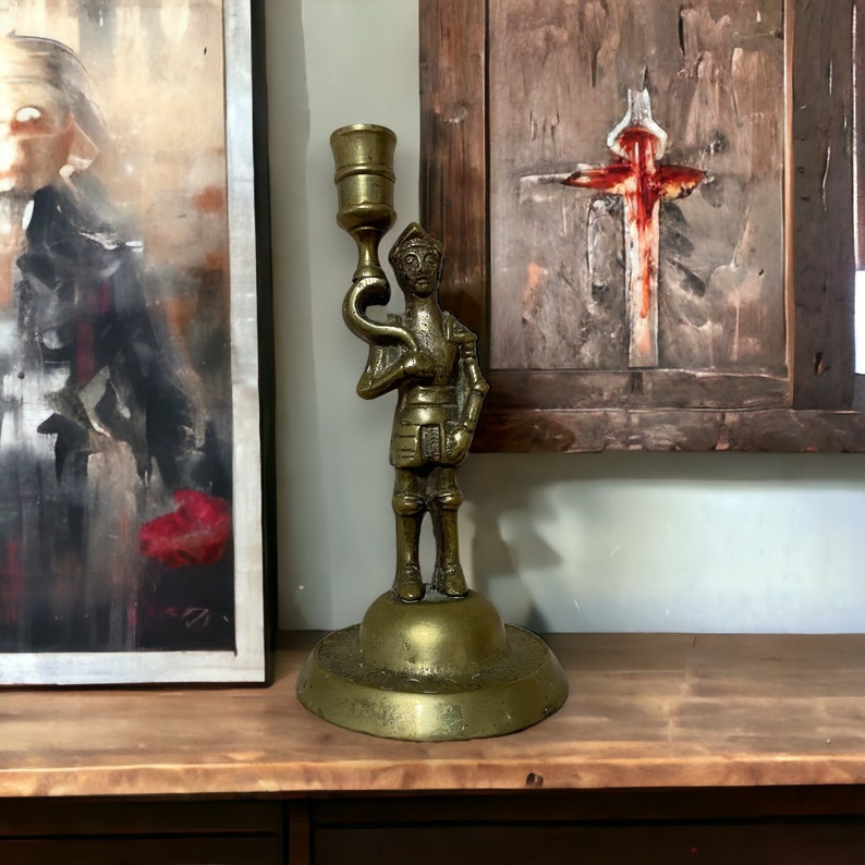Antique French Brass Knight Medieval Candlestick Holder, Knight Templar ...