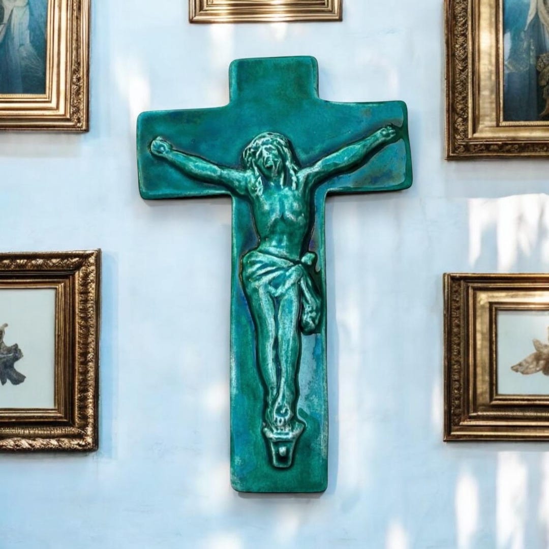 Antique French Green Glazed Pottery Wall Crucifix, Antique Signed ...