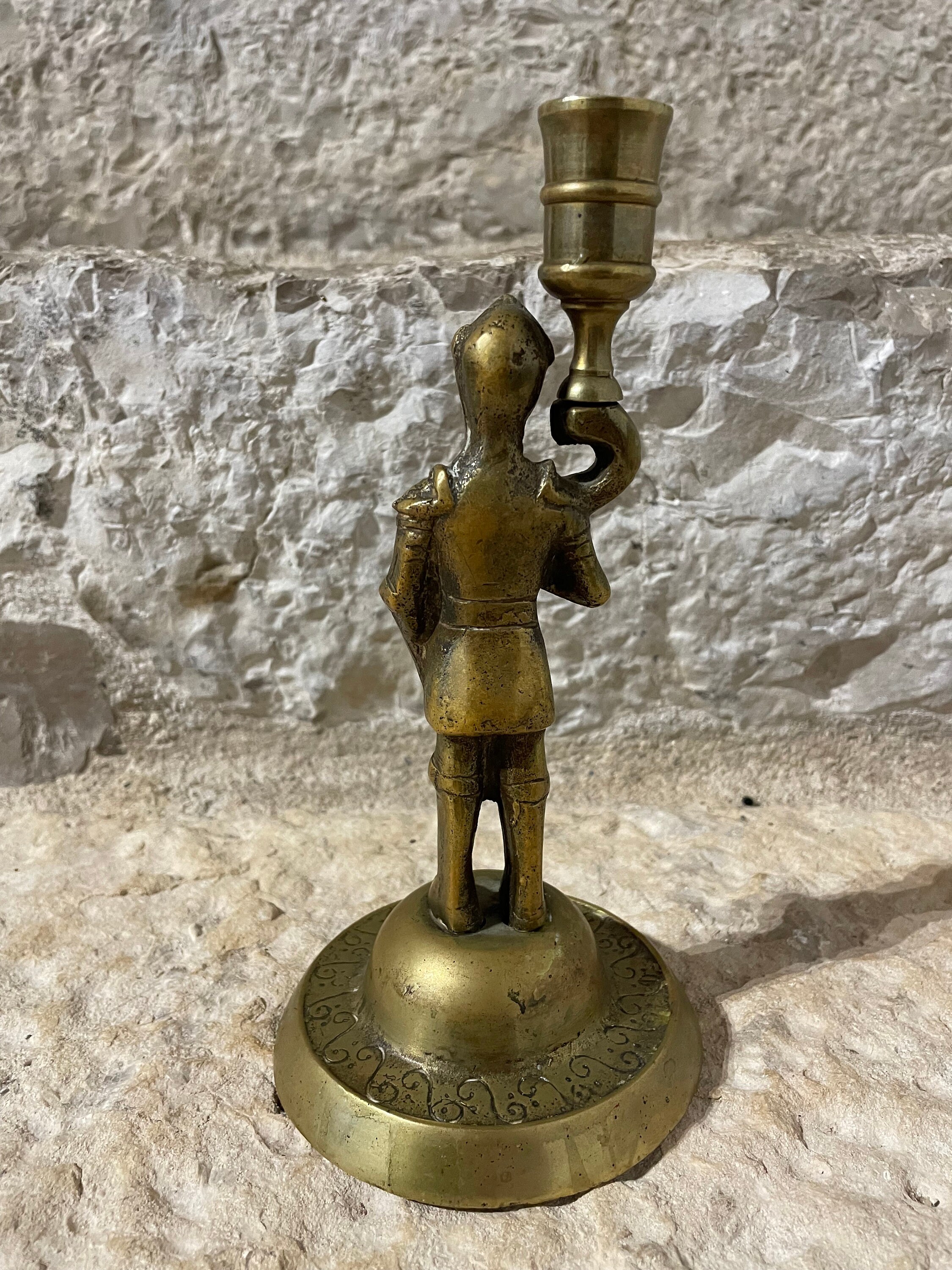 Antique French Brass Knight Medieval Candlestick Holder, Knight Templar ...