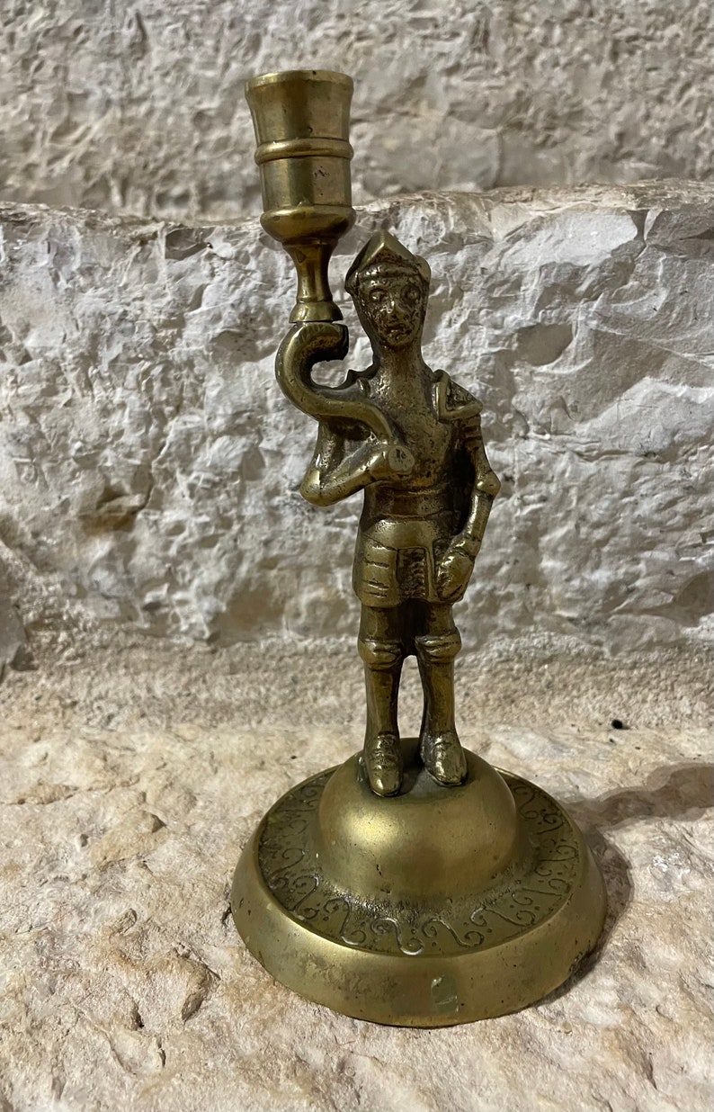 Antique French Brass Knight Medieval Candlestick Holder, Knight Templar ...