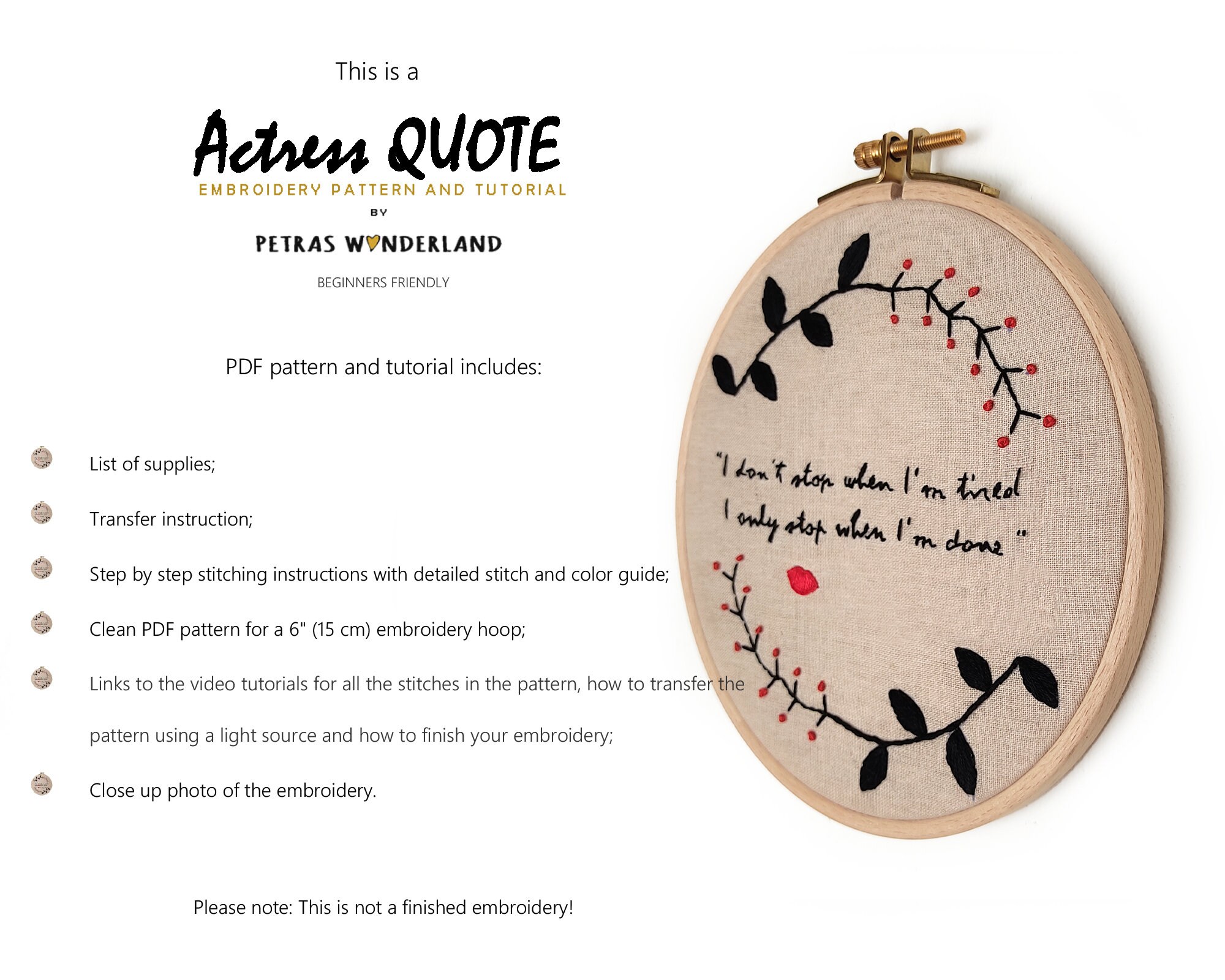 PDF Hand Embroidery Pattern Actress Quote Beginner Embroidery, Floral ...