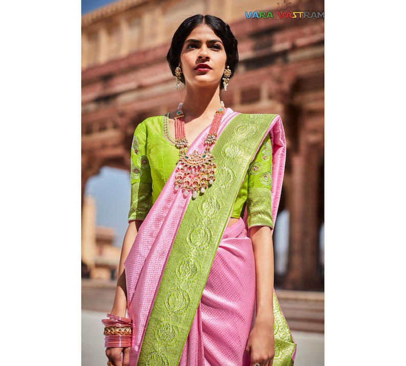 Light Pink and Parrot Green Silk Saree With Designer - Etsy Light Pink and Parrot Green Silk Saree With Designer - Etsy