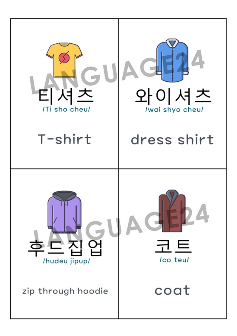 Korean Vocabulary Flashcards About Clothes and Fashion, 20 Words ...