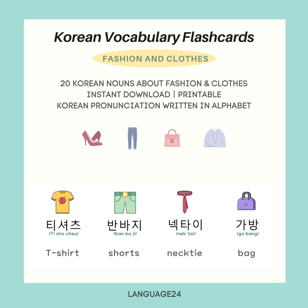 Korean Vocabulary Flashcards About Clothes and Fashion, 20 Words ...