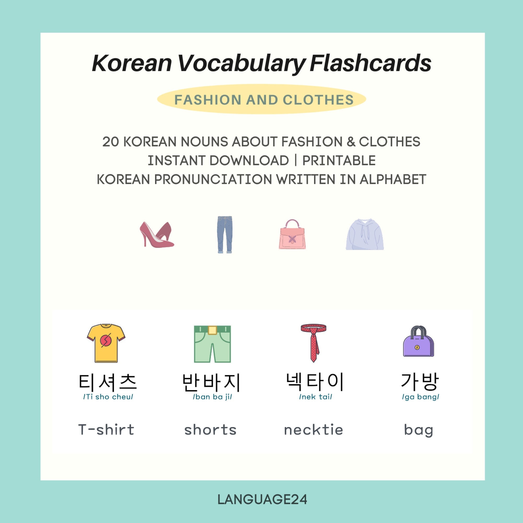 Korean Vocabulary Flashcards About Clothes and Fashion, 20 Words ...