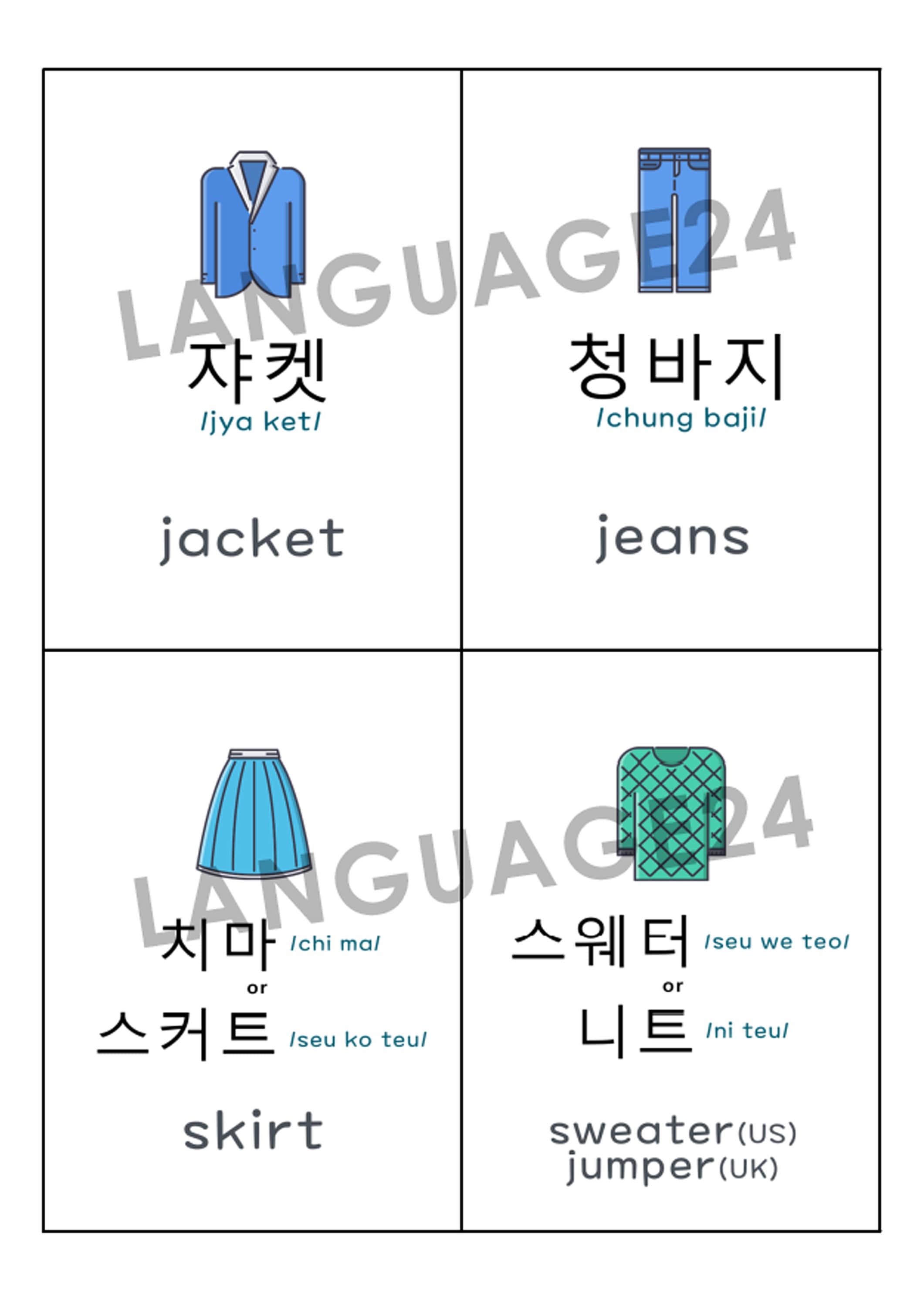 Korean Vocabulary Flashcards About Clothes and Fashion, 20 Words ...