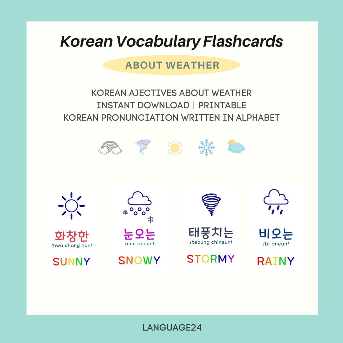Printable Korean Vocabulary Flashcards About Weather/ Learning Korean ...