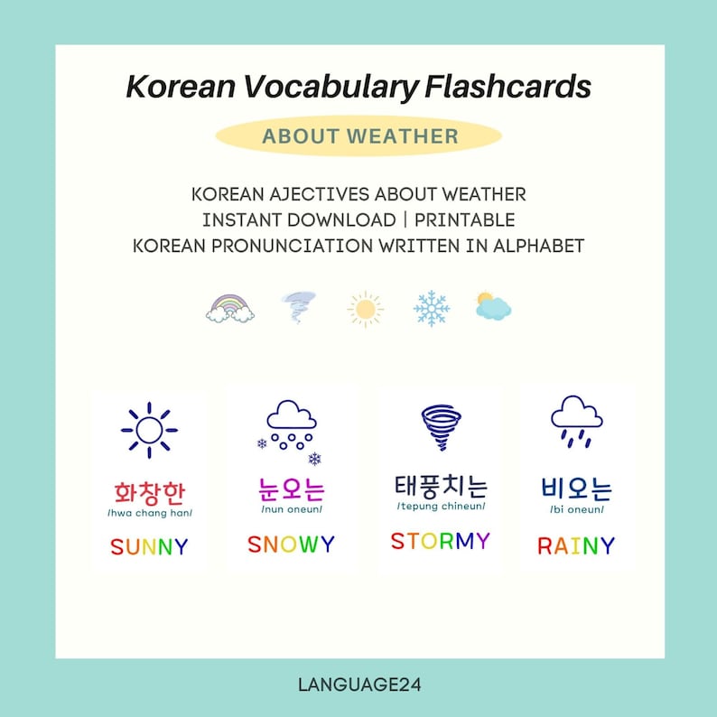 Printable Korean Vocabulary Flashcards About Weather/ Learning Korean ...