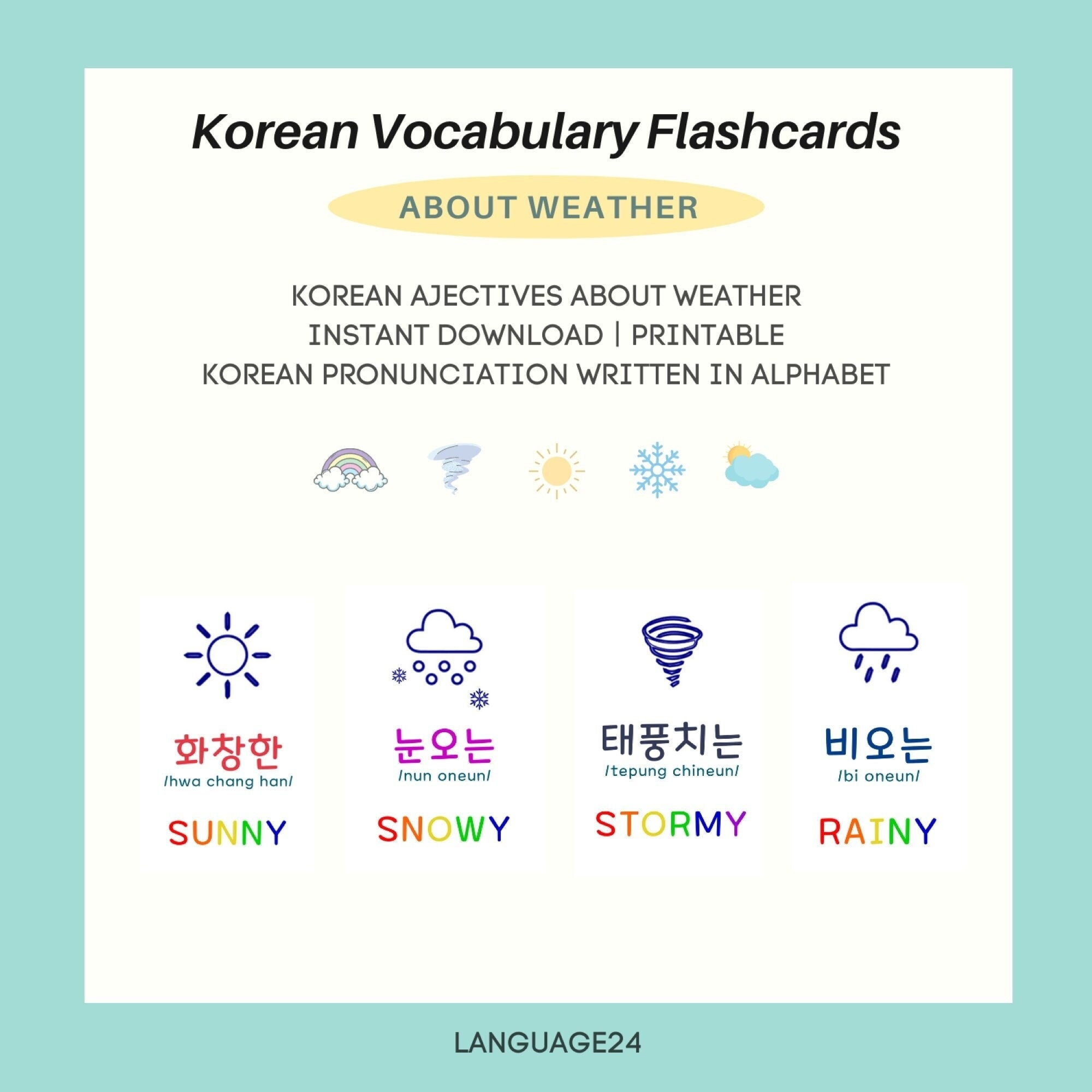 Printable Korean Vocabulary Flashcards About Weather/ Learning Korean ...