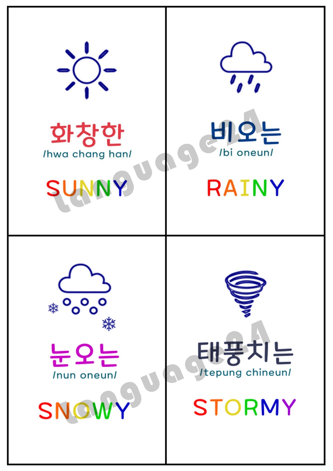 Printable Korean Vocabulary Flashcards About Weather/ Learning Korean ...